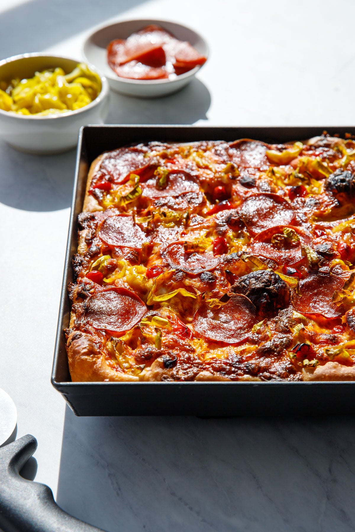 Detroit-Style Pepperoni and Pickled Pepper Pan Pizza | Love and Olive Oil