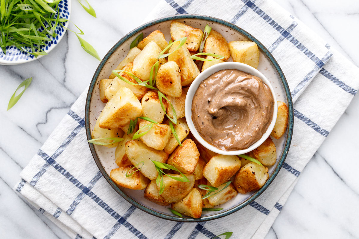 Crispy Roasted Potatoes with Black Garlic Aioli | Love and Olive Oil
