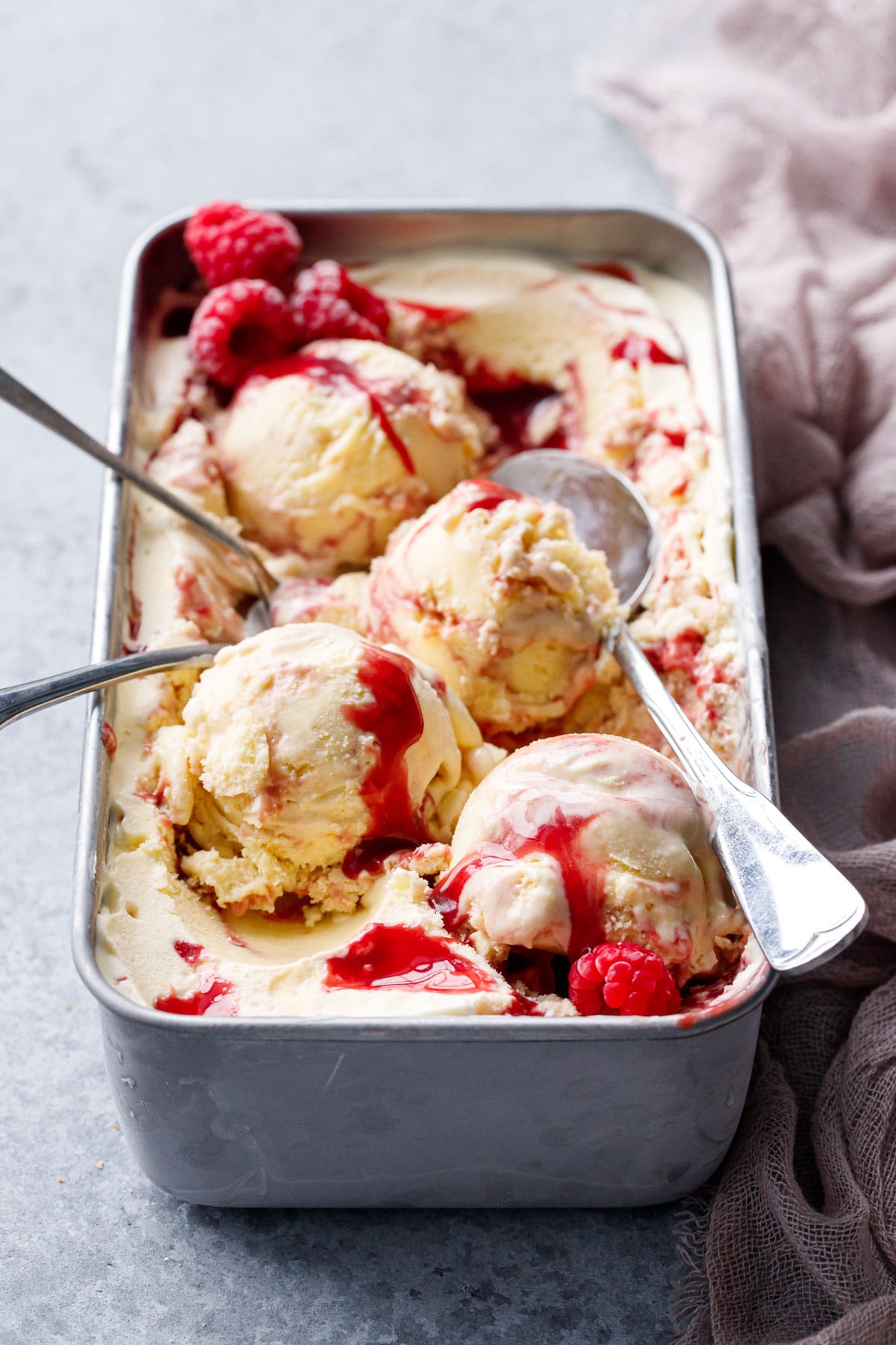 Toasted Brioche Ice Cream with Raspberry Caramel Swirl | Love and Olive Oil