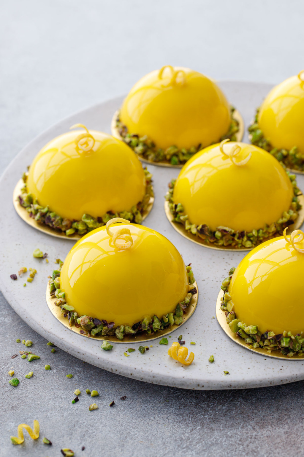 Pistachio & Meyer Lemon Mousse Cakes with Mirror Glaze | Love and Olive Oil