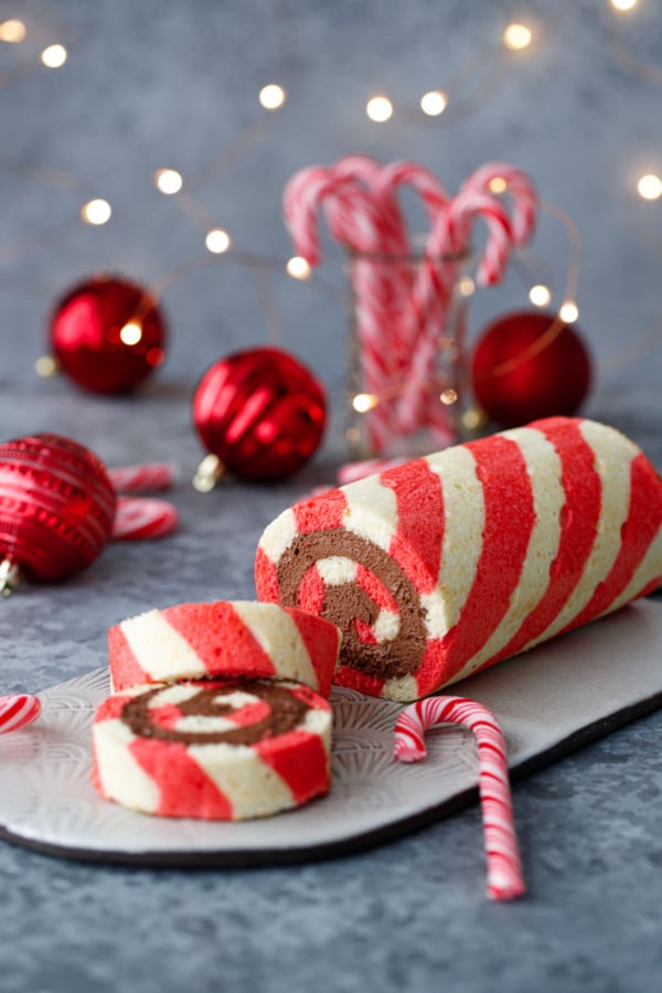 Candy Cane Cake Roll with Chocolate Peppermint Whipped Cream | Love and ...