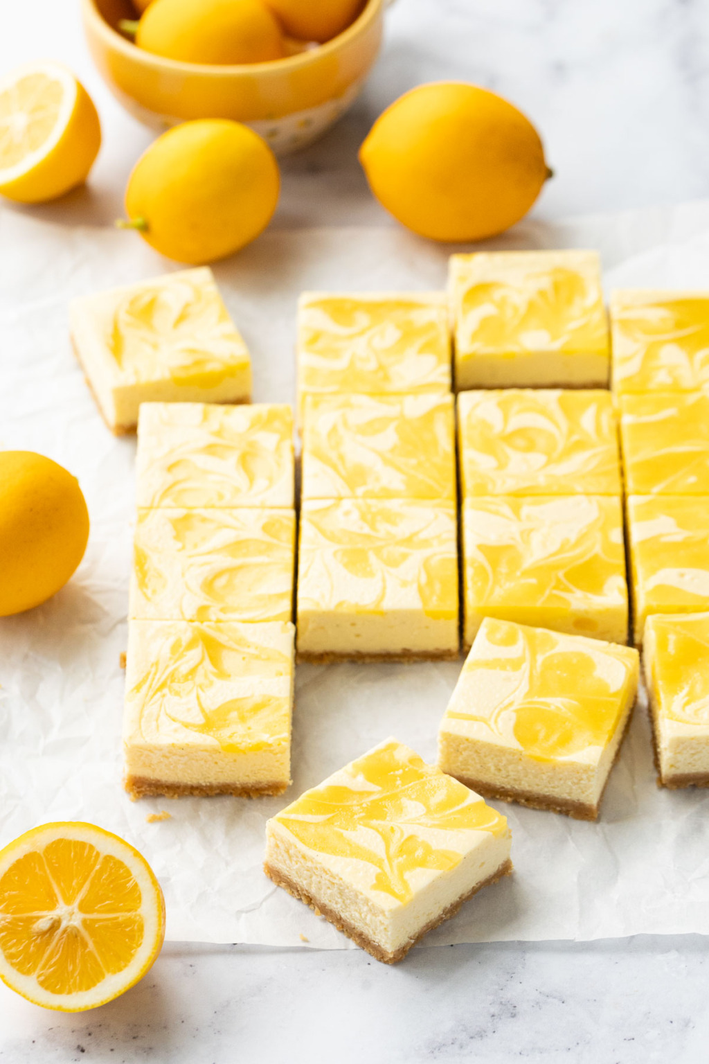 Meyer Lemon Cheesecake Bars with Lemon Curd Swirl | Love and Olive Oil