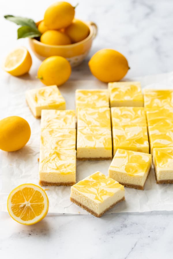 Meyer Lemon Cheesecake Bars with Lemon Curd Swirl | Love and Olive Oil